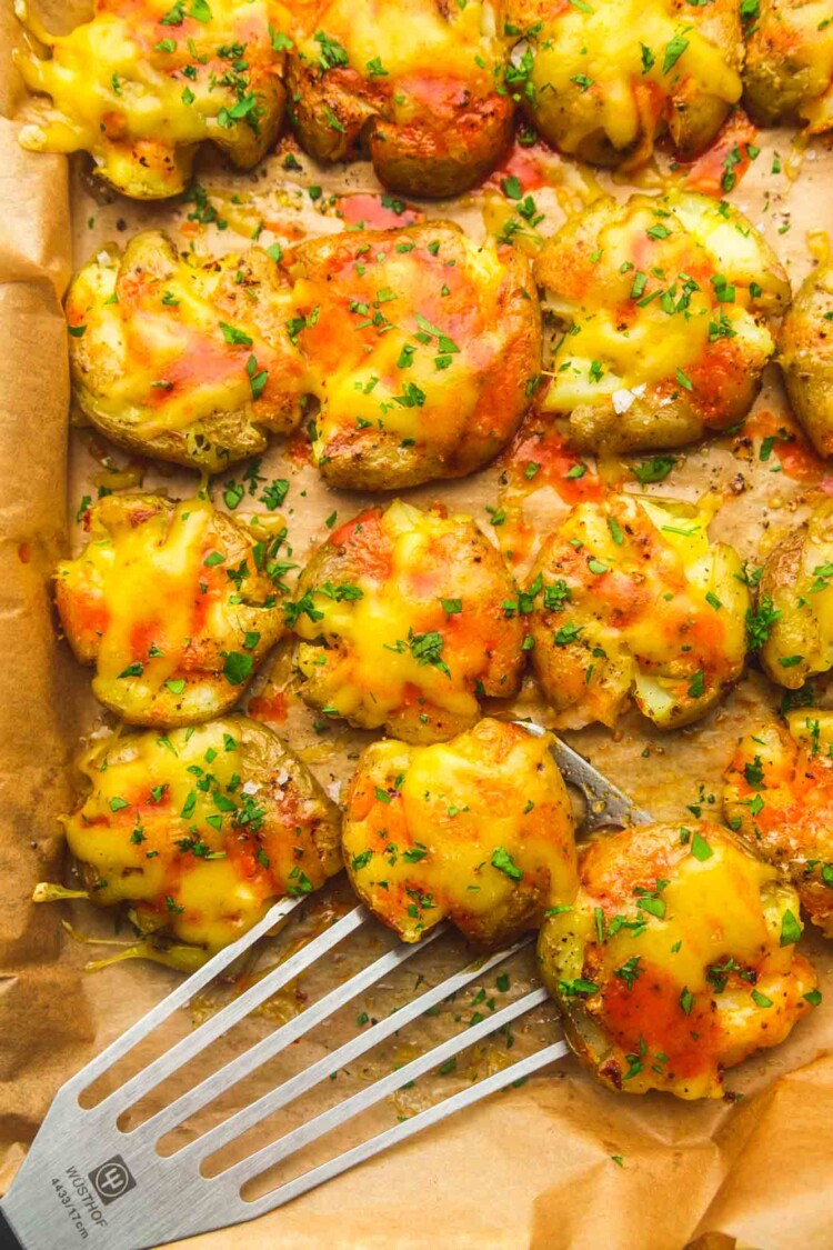 Easy Buffalo Cheesy Smashed Potatoes - Little Sunny Kitchen