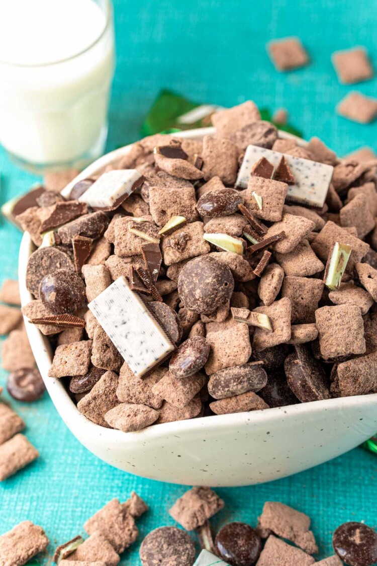 Mint Chocolate Puppy Chow with Mint Candy - Little Sunny Kitchen