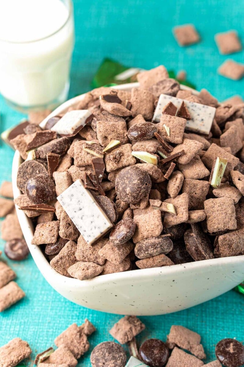 Mint Chocolate Puppy Chow with Mint Candy - Little Sunny Kitchen