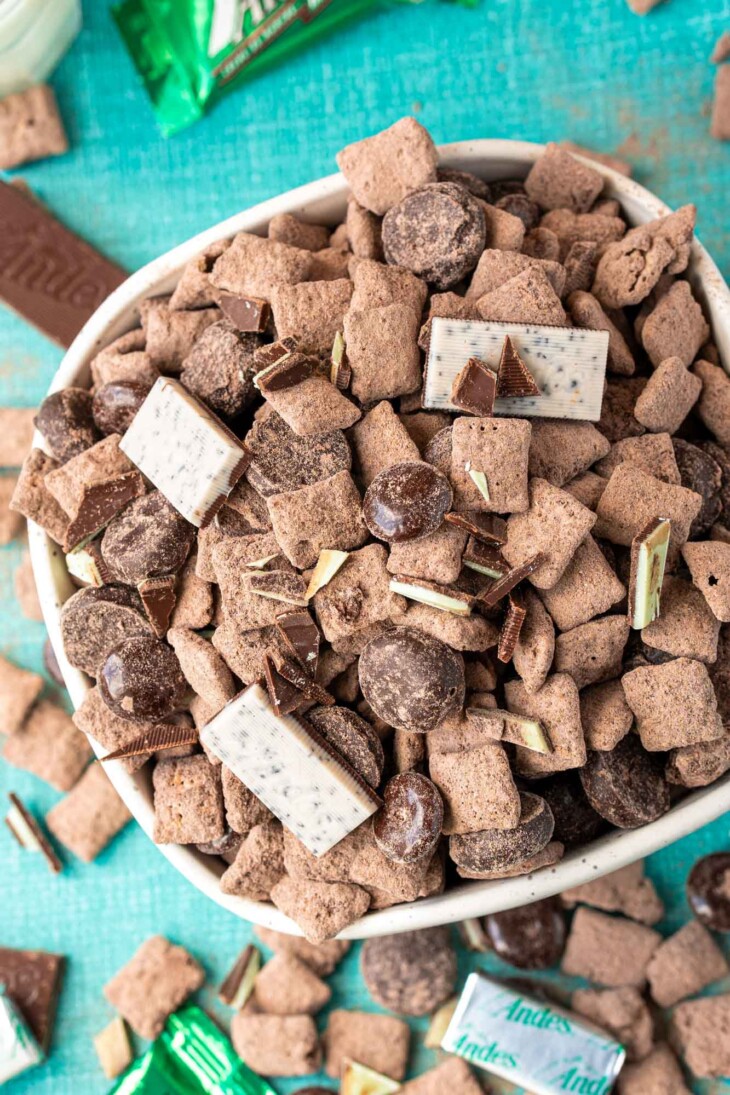 Mint Chocolate Puppy Chow with Mint Candy - Little Sunny Kitchen