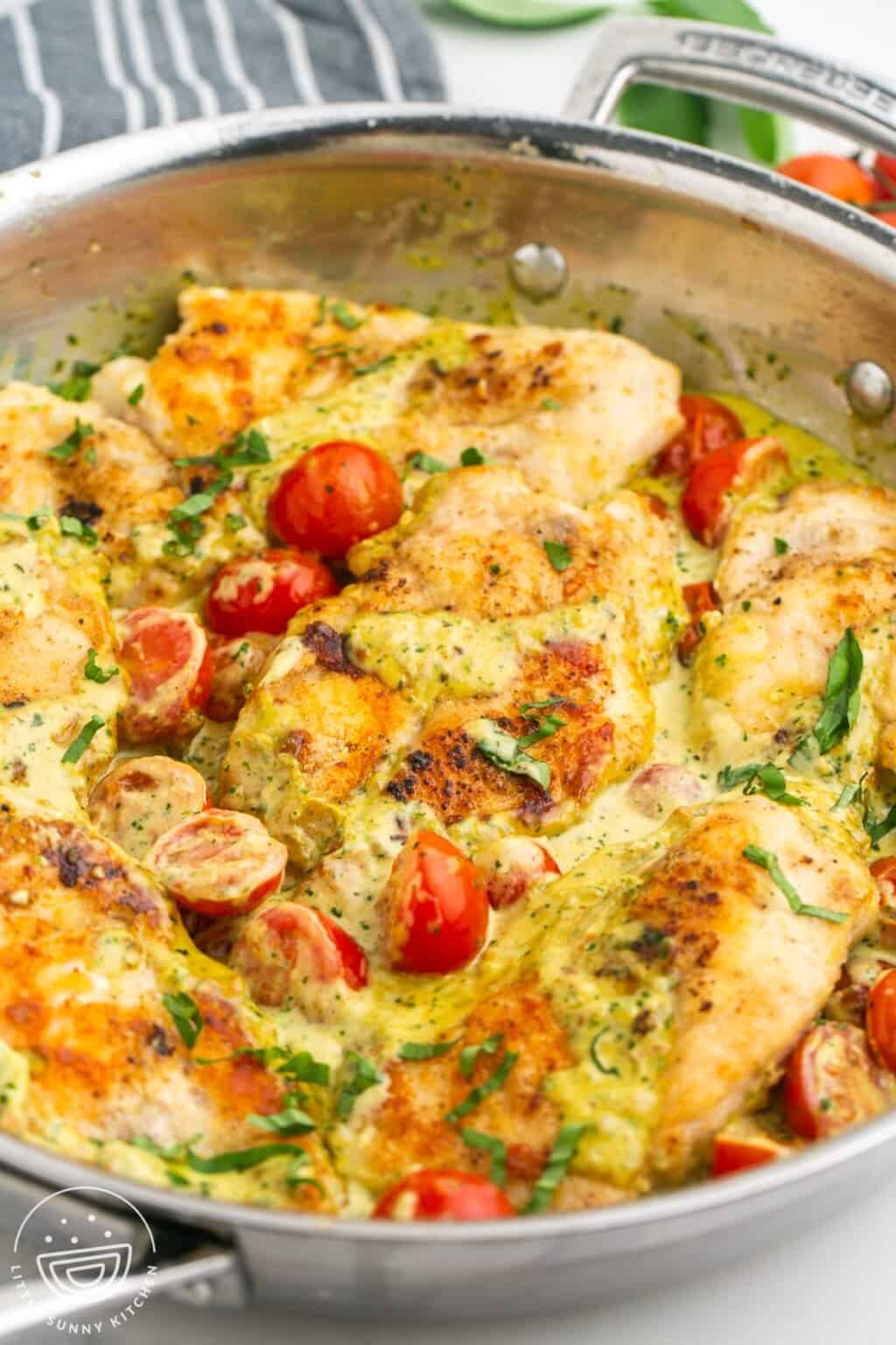 One Pan Creamy Pesto Chicken Recipe - Little Sunny Kitchen