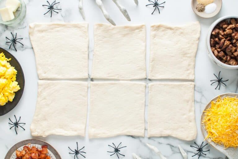 Halloween Breakfast Mummies (Egg, Sausage, and Bacon Wraps)