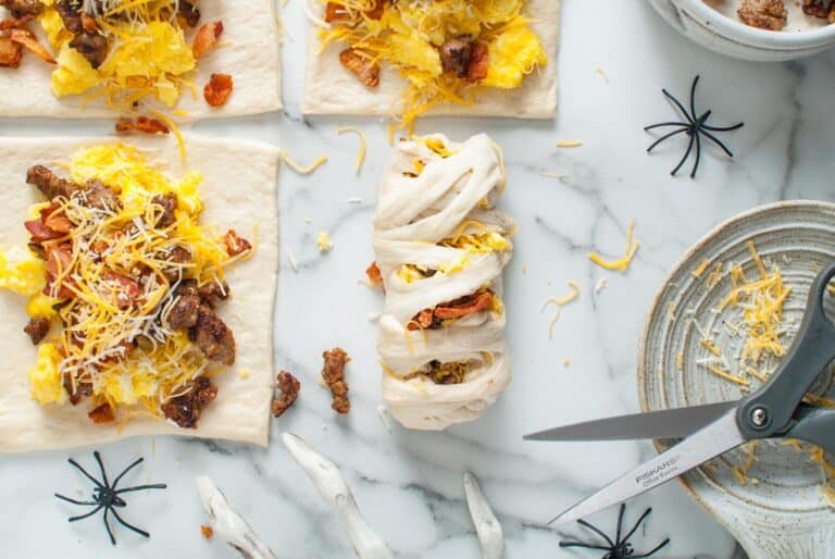 Halloween Breakfast Mummies (Egg, Sausage, and Bacon Wraps)