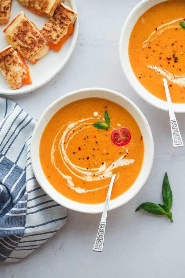 Creamy Tomato Bisque (with grilled cheese croutons!) - Little Sunny Kitchen